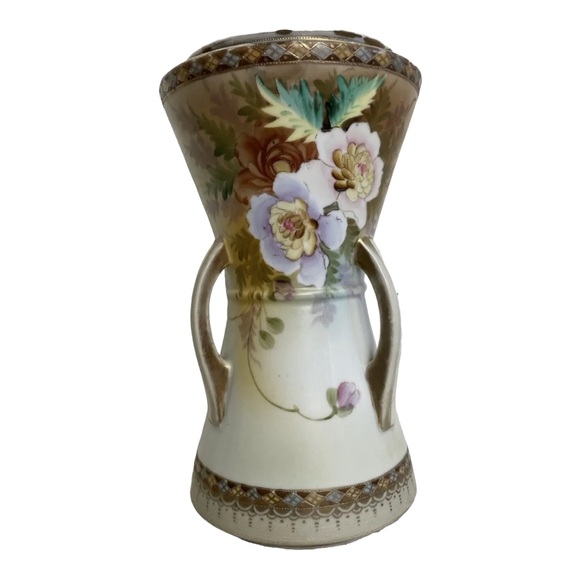 Nippon | Accents | Vintage Nippon Hourglass 3 Handled Vase Floral Gold Beaded Trim Large 5 ...